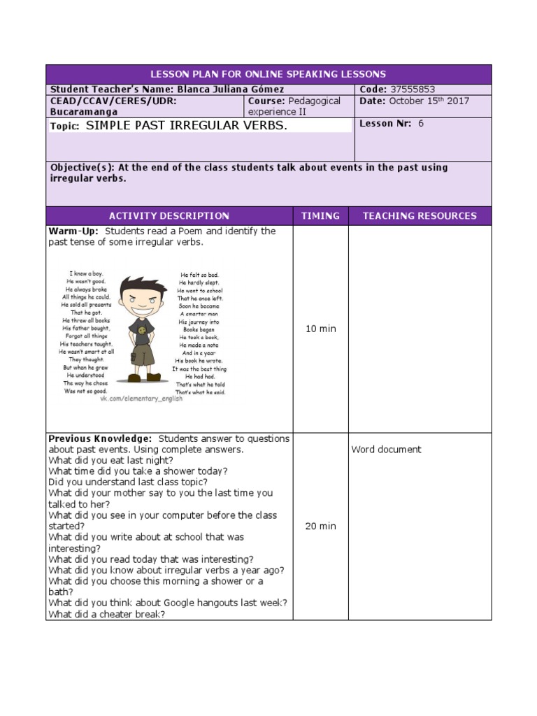 Simple Past Irregular Verbs.: Lesson Plan For Online Speaking Lessons ...