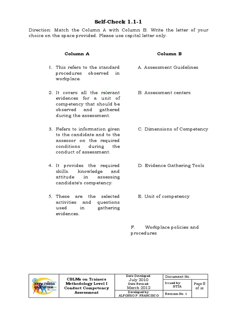 Tesda Tm1x Self Check Luis | Educational Assessment | Competence (Human ...