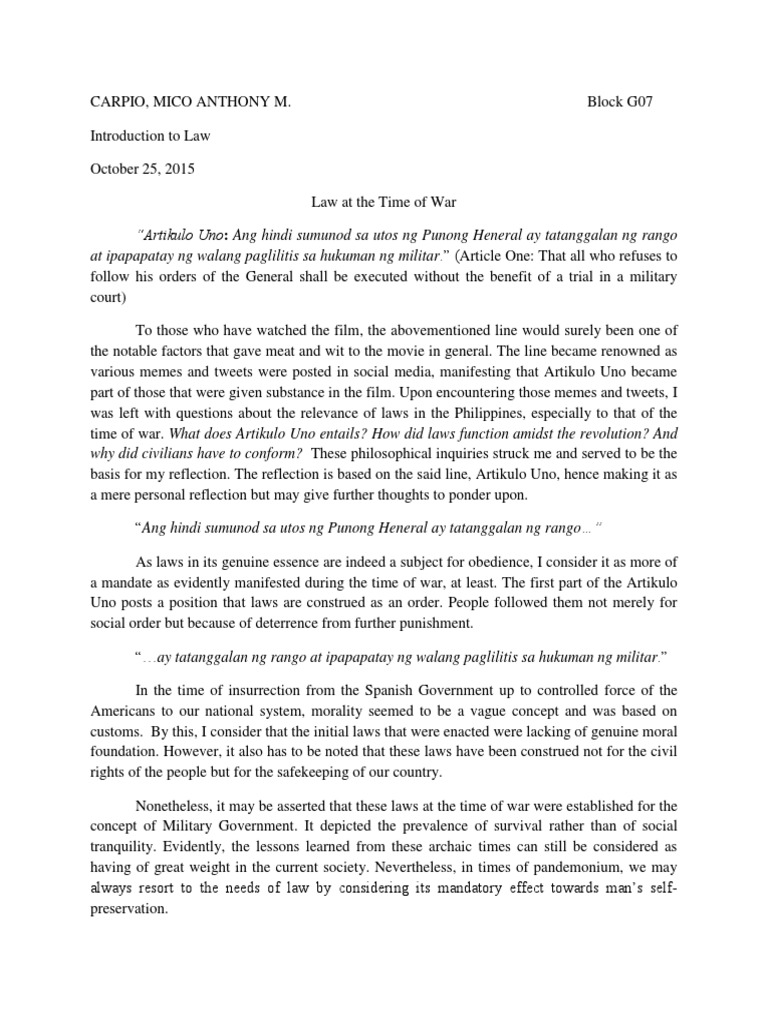 Heneral Luna Reflection | Virtue | Justice