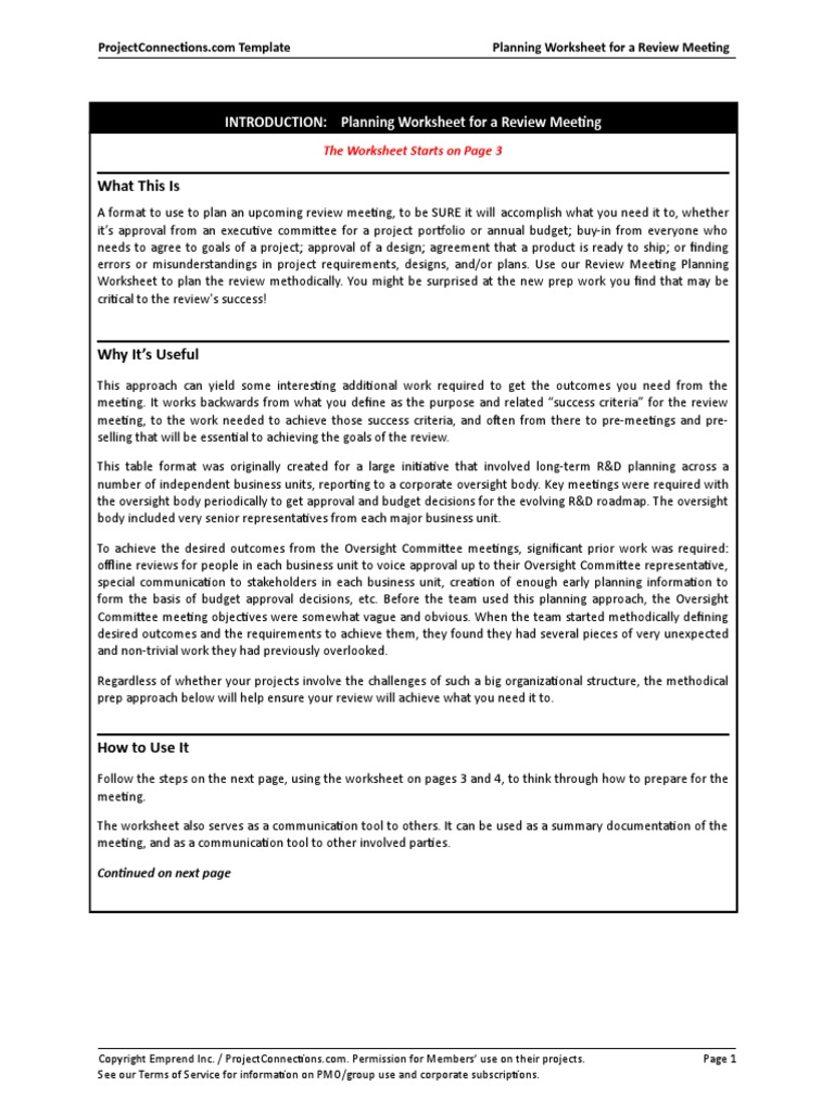 What This Is: INTRODUCTION: Planning Worksheet For A Review Meeting ...