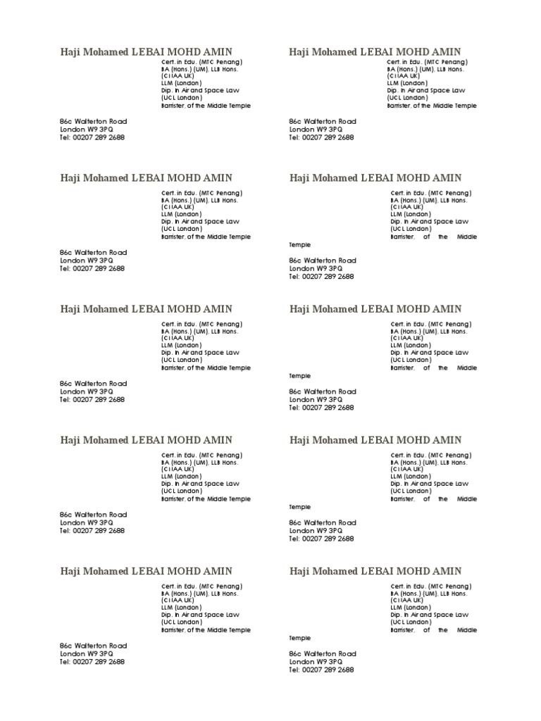 Business Card Haji Mohamed LEBAI MOHD AMIN | PDF | Academic Degree ...