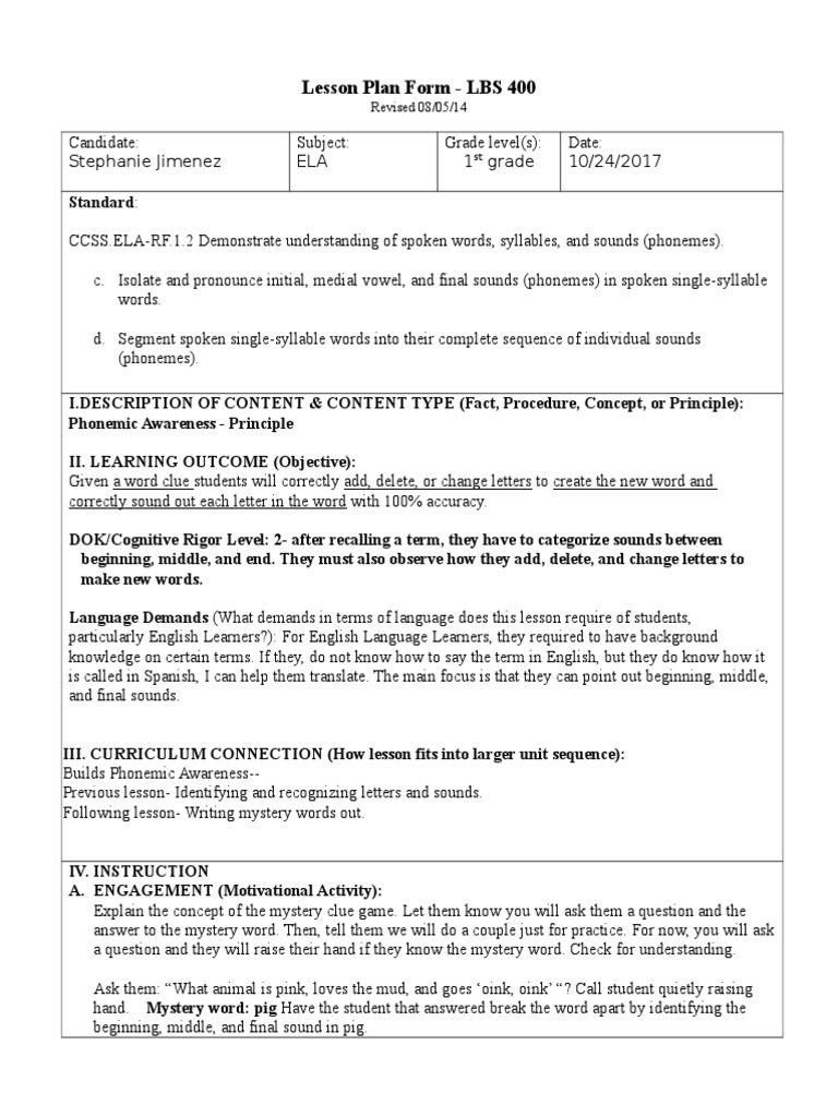 Lbs 400 Lesson Plan | PDF | Phoneme | Lesson Plan