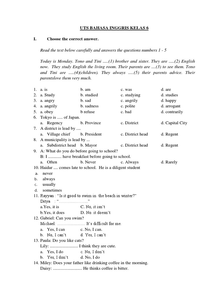 Uts Bahasa Inggris Kelas 6 | PDF | Leisure