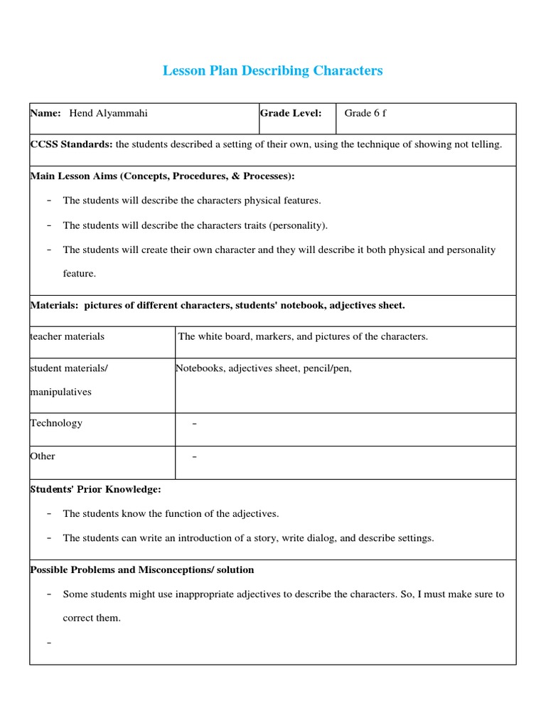 Lesson Plan Describing Characters | Download Free PDF | Lesson Plan ...
