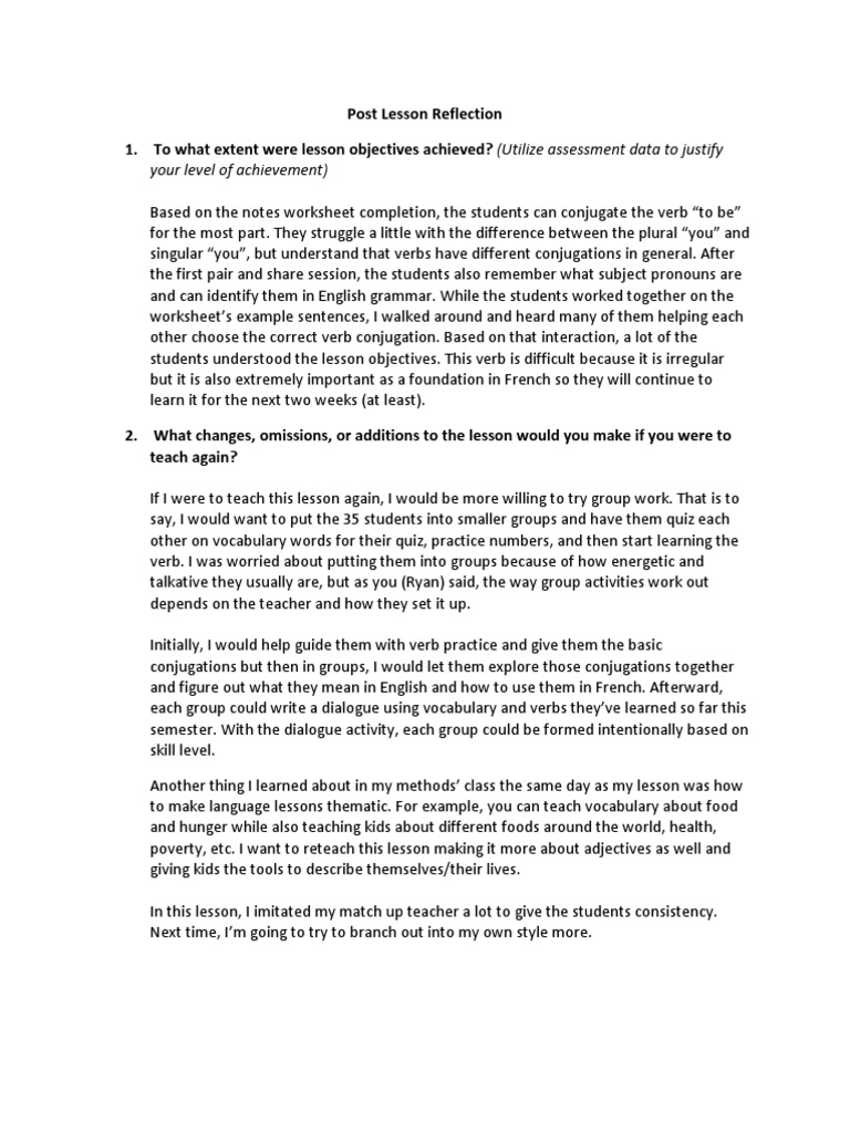 Lesson 1 - Post Lesson Reflection | PDF | Grammatical Conjugation ...