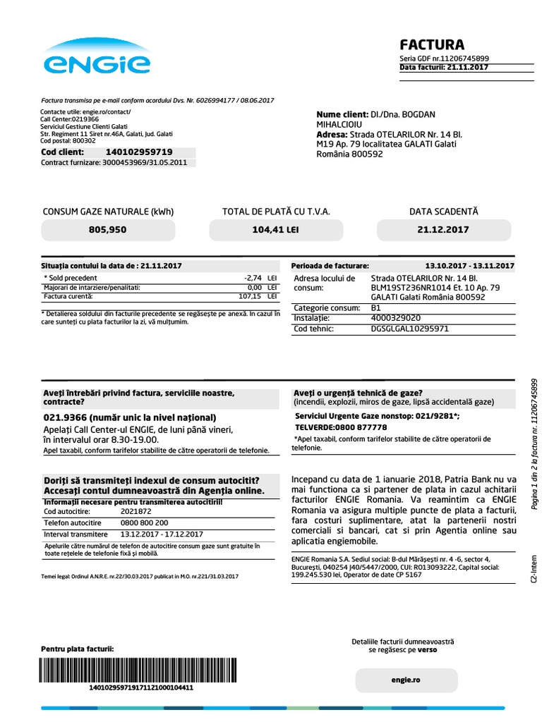 Factura ENGIE Romania Nr 011206745899