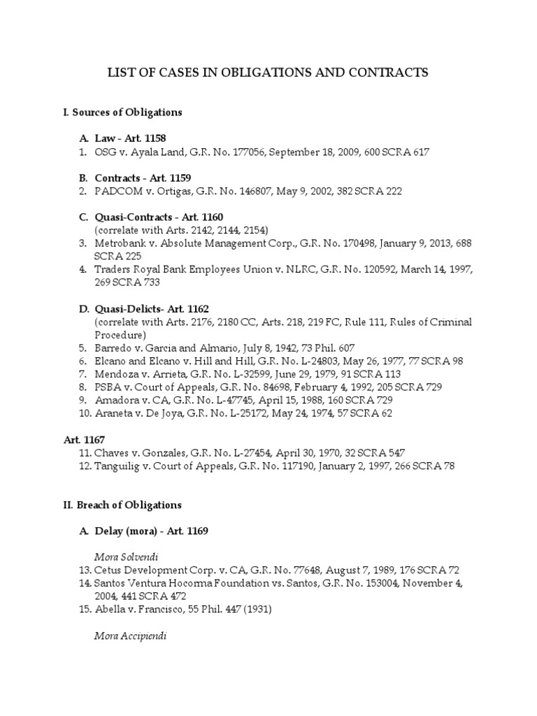 List of Cases Obligations and Contracts | PDF | Common Law | Private Law