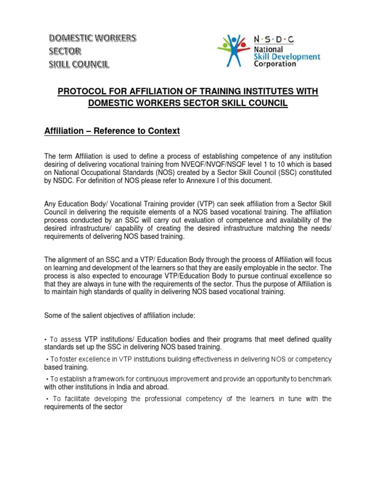 DWSSC Affiliation Protocol | PDF | Vocational Education | Competence ...