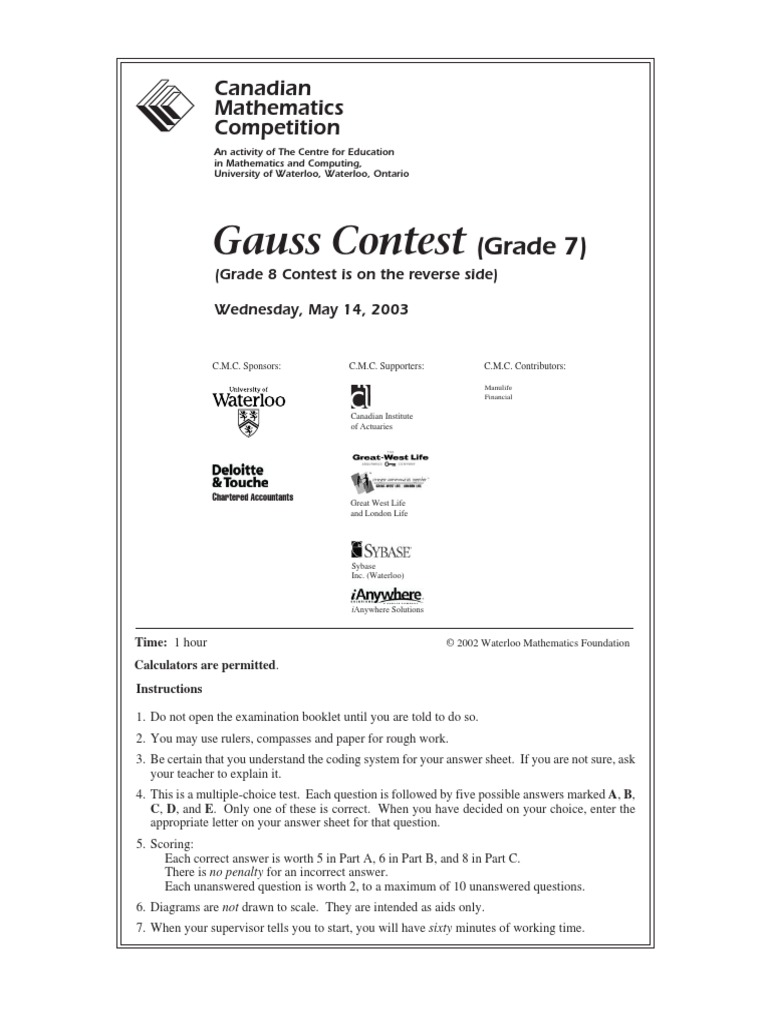 2003 Gauss 7 Contest | Download Free PDF | Pet | Teaching Mathematics