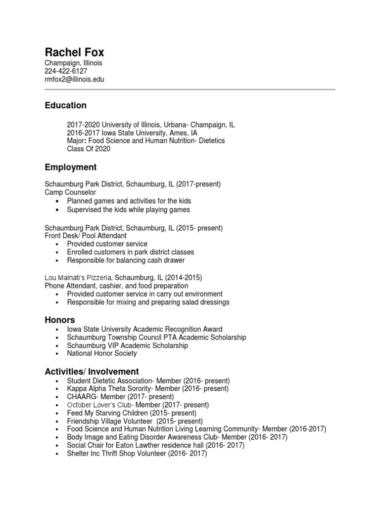 Rachel Fox: Dietetics & Nutrition Resume | PDF