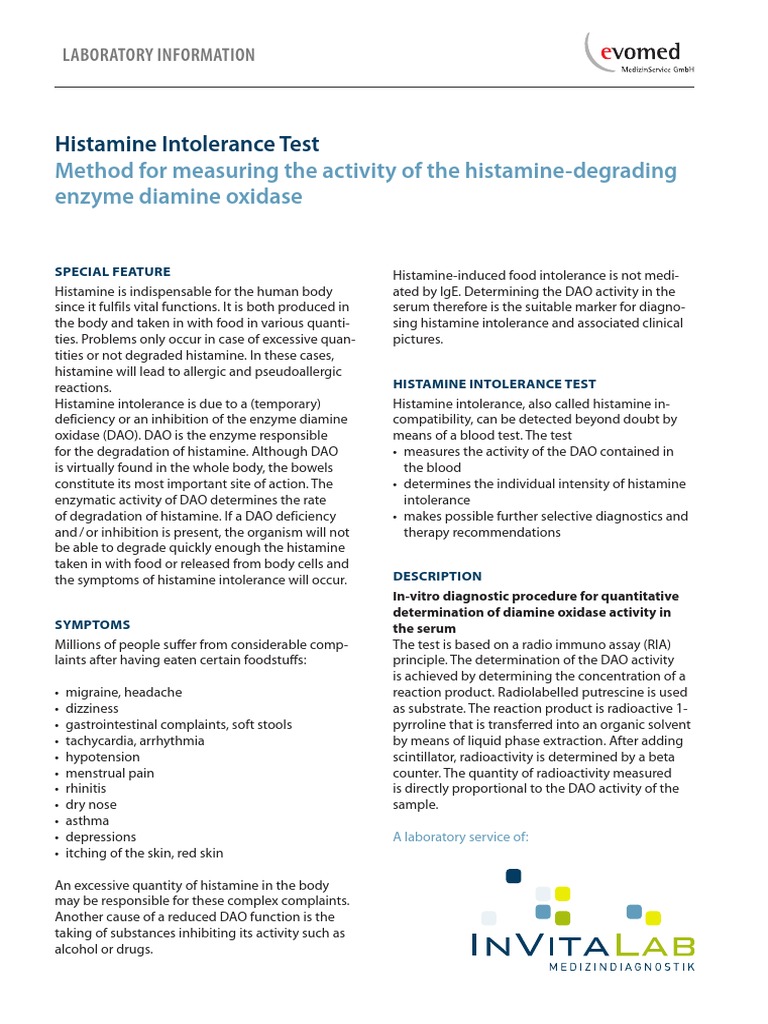 Histamine Intolerance Brochure | PDF | Food Intolerance | Medical ...