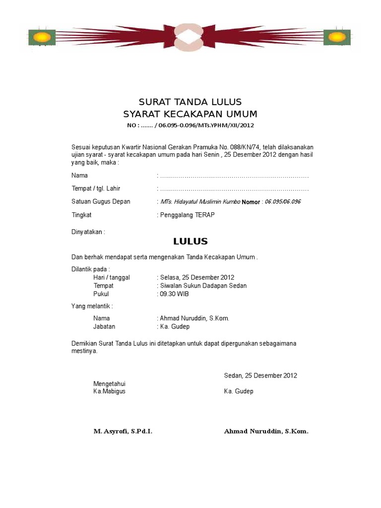 Surat Tanda Lulus Sku | PDF