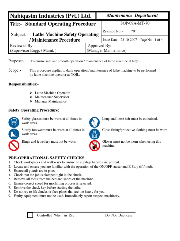 Lathe Machine Safety Operating SOP | PDF | Clutch | Gear