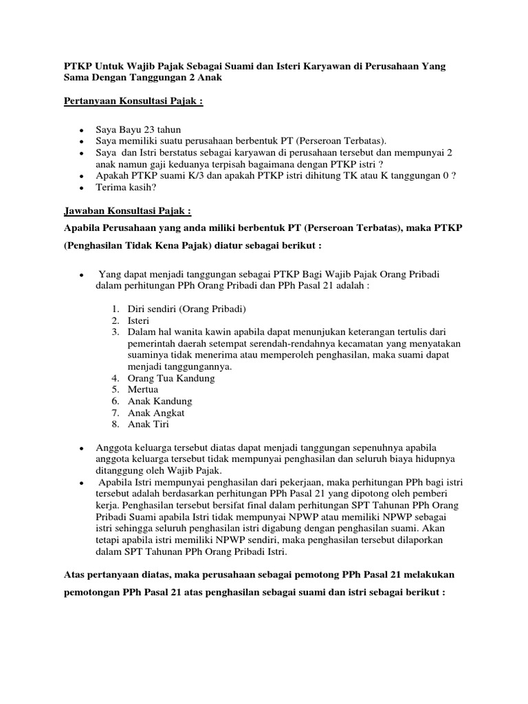 PTKP Untuk Wajib Pajak Sebagai Suami Dan Isteri Karyawan Di Perusahaan ...