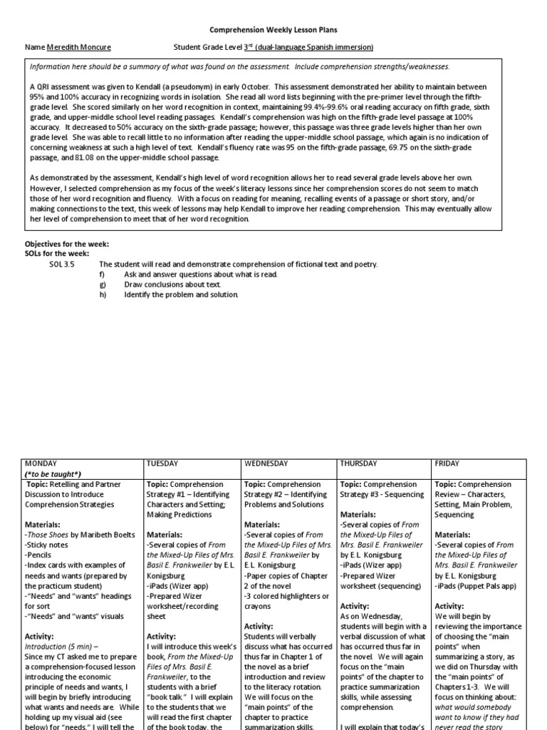 Moncure - Week of Comprehension Lesson Plans | PDF | Reading ...