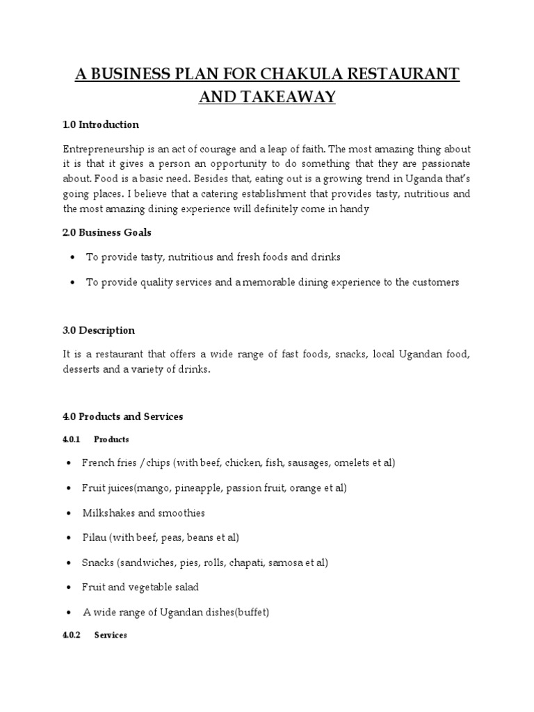 A Business Plan For Chakula Restaurant and Takeaway: 4.0.1 Products ...