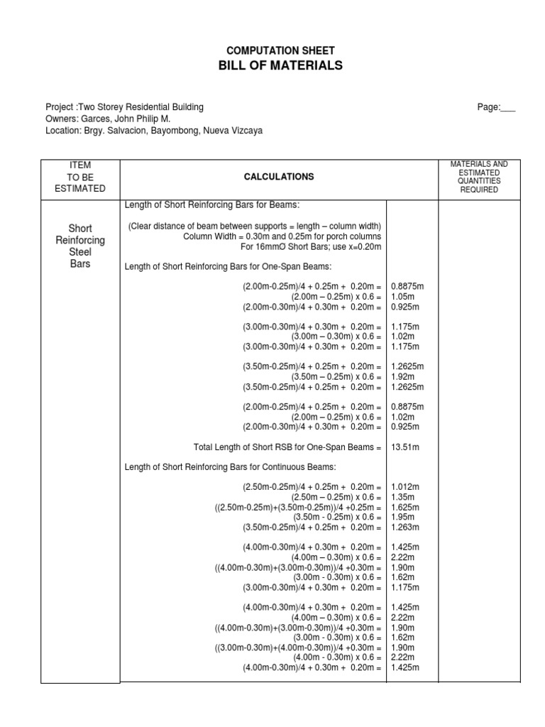 Bill of Materials: Short Reinforcing Steel Bars | PDF | Column ...