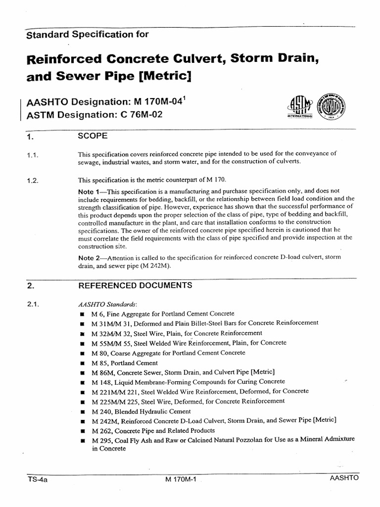 AASHTO M-170M-04 (Reinforced Concrete Culvert, Storm Drain, and Sewer ...