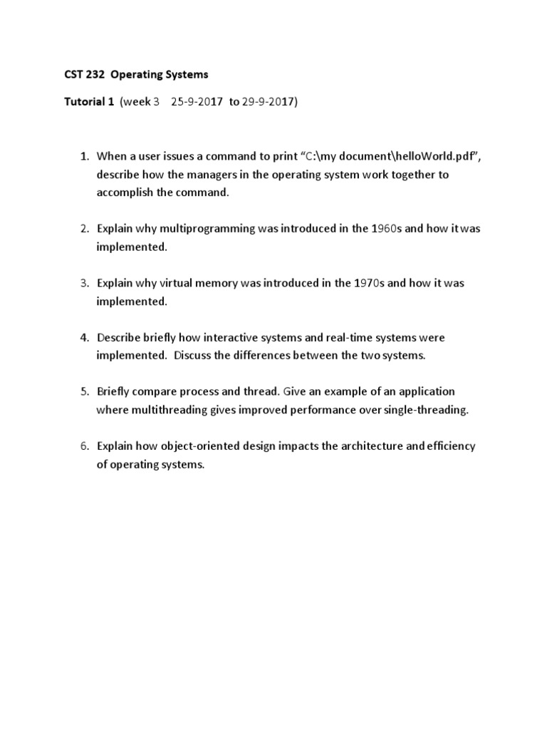 CST 232 Operating Systems Tutorial 1 (Week 3 25-9-2017 To 29-9-2017) | PDF | Thread (Computing ...