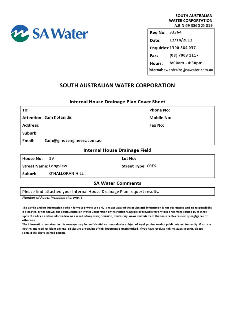 South Australian Water Corporation: Internal House Drainage Plan Cover ...