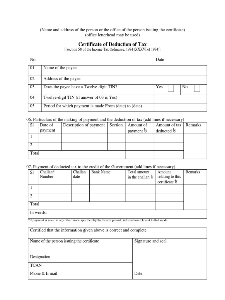 Certificate of Deduction of Tax: ( (Section 58 of The Income Tax ...