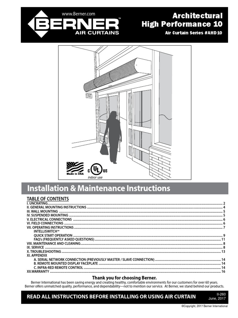 Berner Air Curtain Installation Instructions | Thermostat | Switch