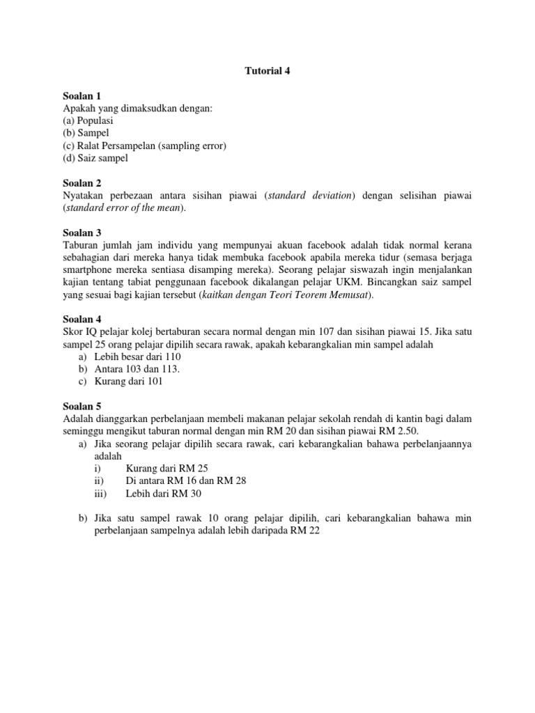 Tutorial 4 Taburan Pensampelan | PDF | Karier & Perkembangan | Kesehatan Holistik