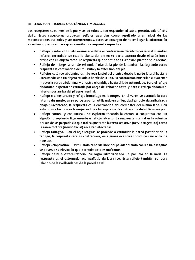 Reflejos Superficiales o Cutáneos y Mucosos | PDF | Piel | Abdomen