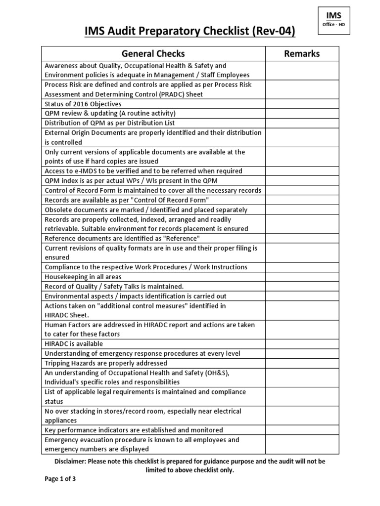 IMS Internal Audit Preparatory Checklist_Rev-04 | Safety | Occupational ...