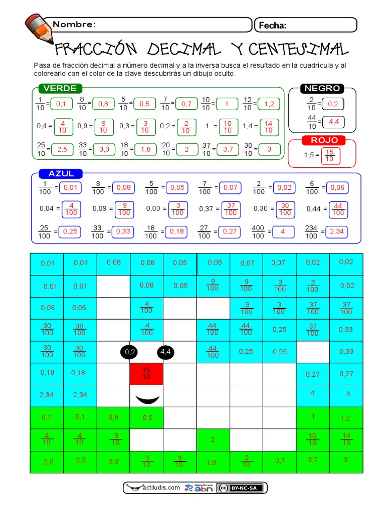 Hoja De Trabajo De Fracciones Decimales 1 Respuesta