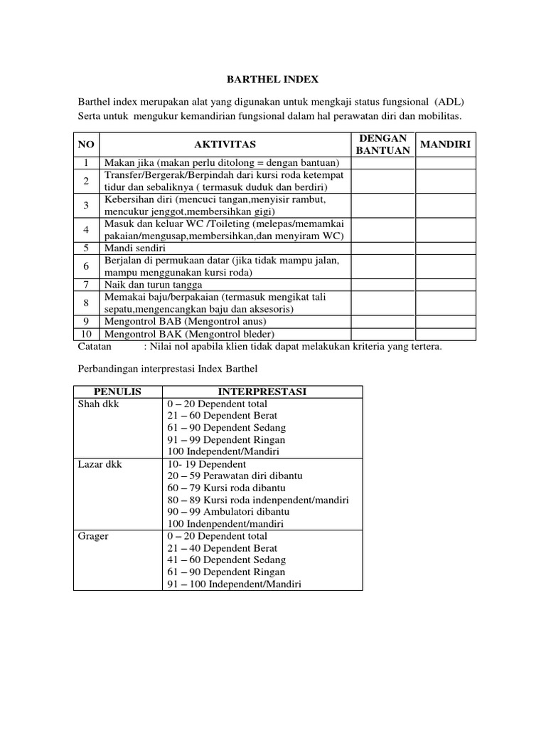 Penggunaan Barthel Index untuk ADL | PDF
