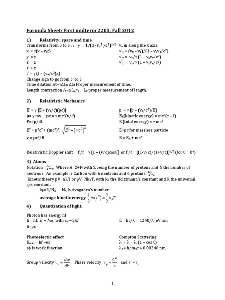 Formula Sheet 1 | PDF | Schrödinger Equation | Wave Function