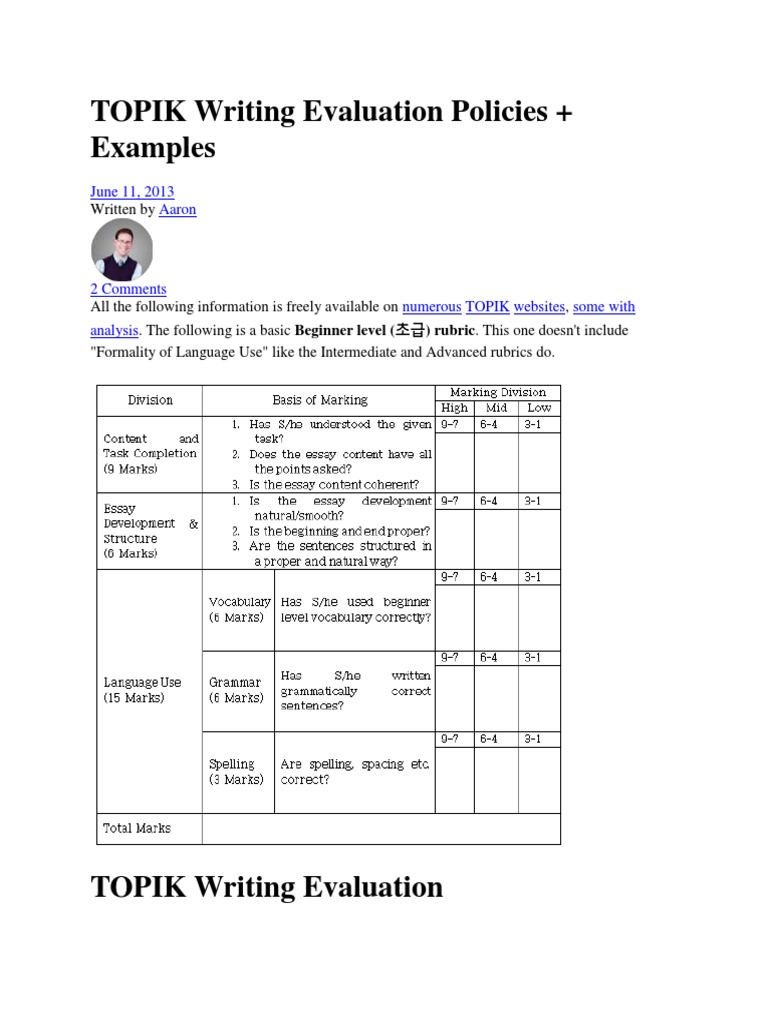 TOPIK Writing Evaluation Guide | PDF | Essays | Rubric (Academic)