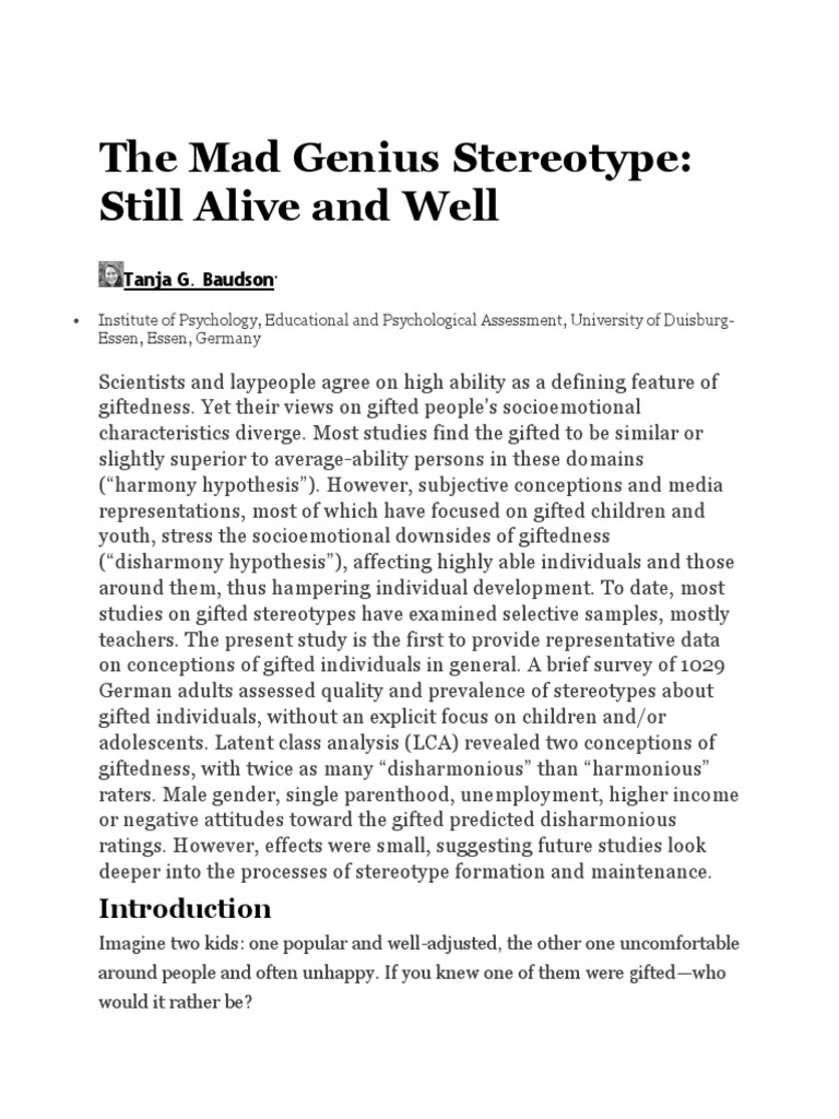 The Mad Genius Stereotype | PDF | Intellectual Giftedness | Stereotypes