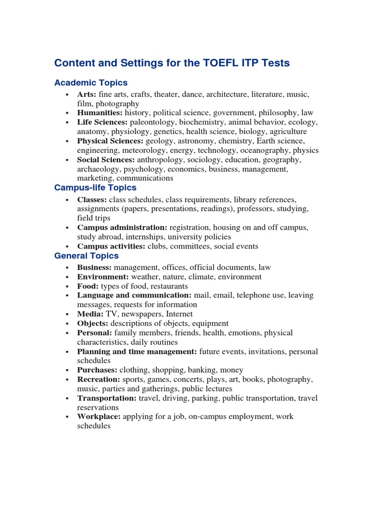 Content and Settings For The TOEFL ITP Tests | PDF