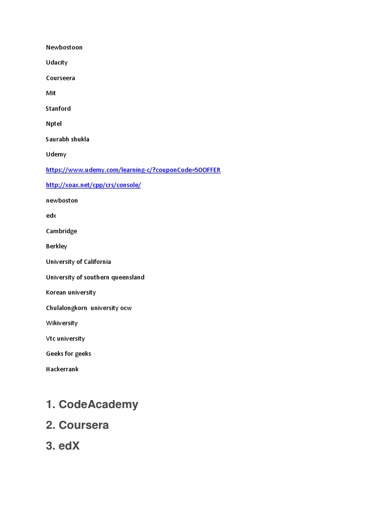 Codeacademy 2 Coursera 3 Edx Pdf Java Script Scripting Language