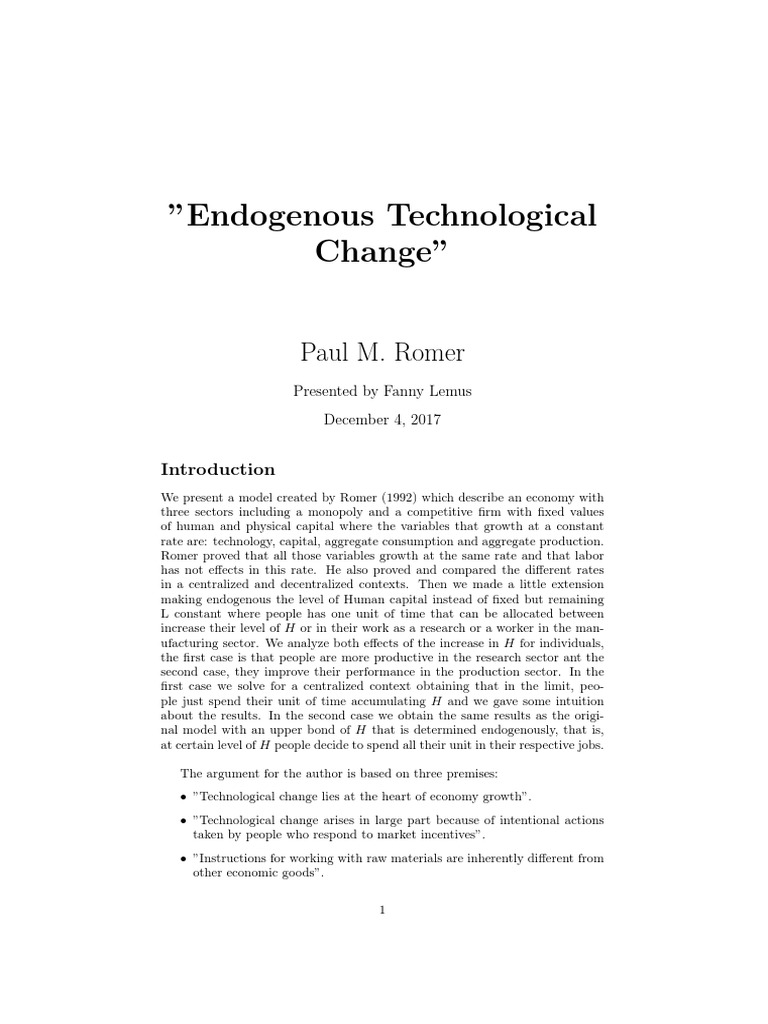 "Endogenous Technological Change": Paul M. Romer | PDF | Labour ...