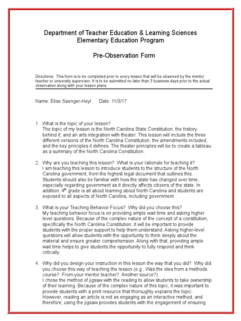 Elm 460 - Social Studies Lesson Pre-Observation Form | PDF | Classroom ...
