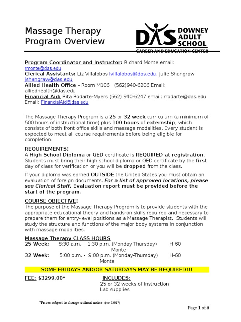 Massage Program Overview Rev 7-6-17 | PDF | High School Diploma | Massage