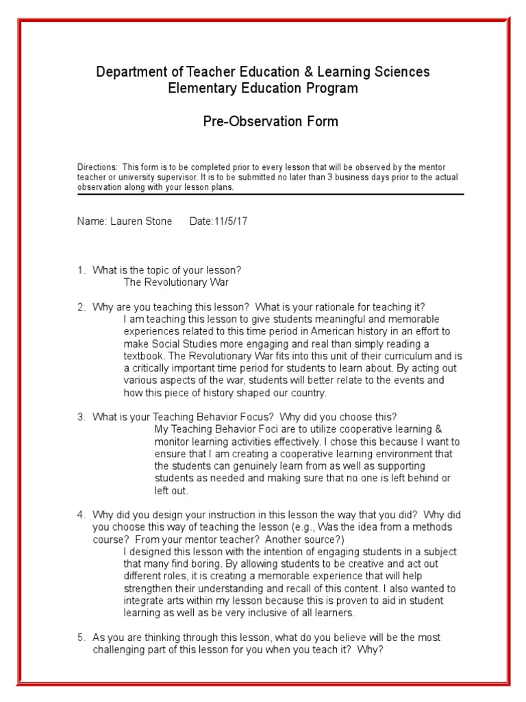 Lauren Stone lp3 Preobservationform 11-09-17 | PDF | Learning | Mentorship