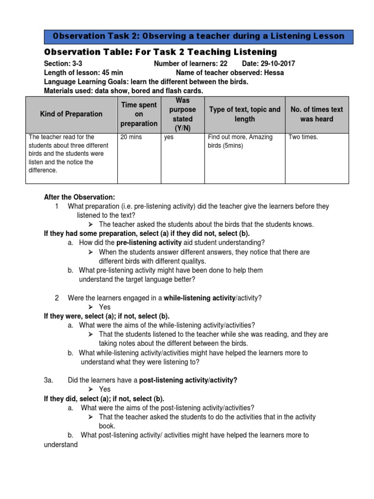 observation task 2 listening lesson | Second Language | Learning