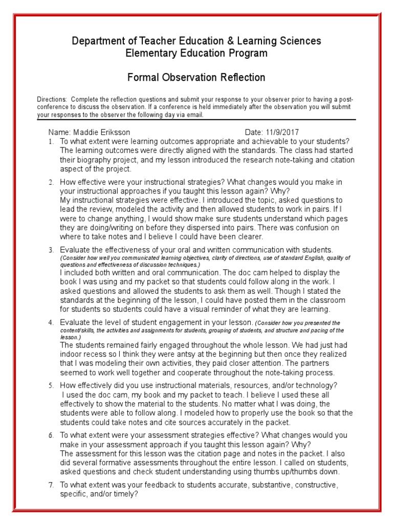 Teacher Observation Reflection Guide | PDF | Educational Assessment ...
