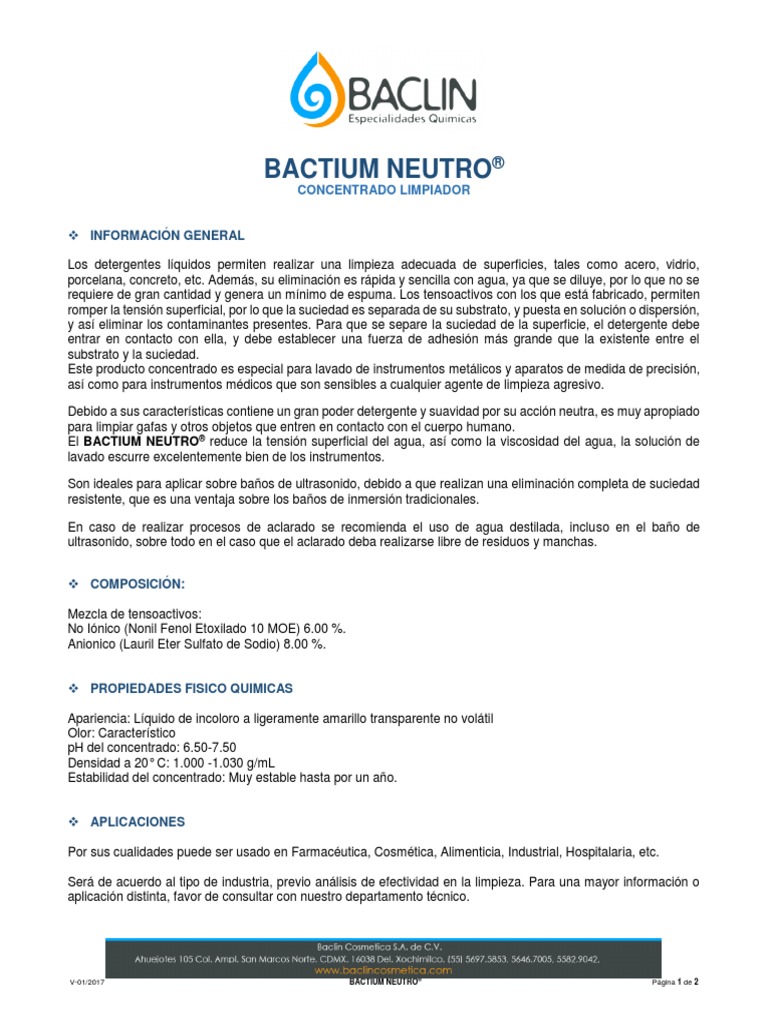 Bactium Neutro PDF | PDF | Detergente | Sustancias químicas