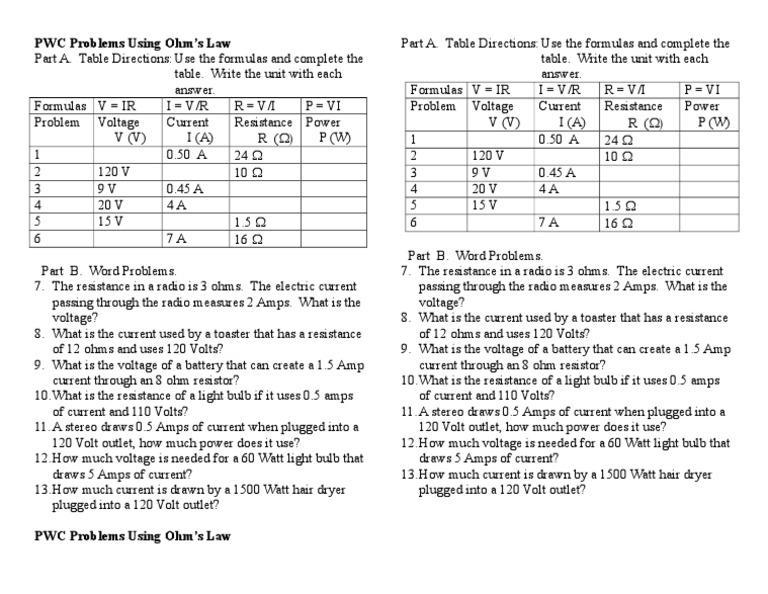 Worksheet Using Ohms Law and Power | PDF | Electrical Resistance And ...
