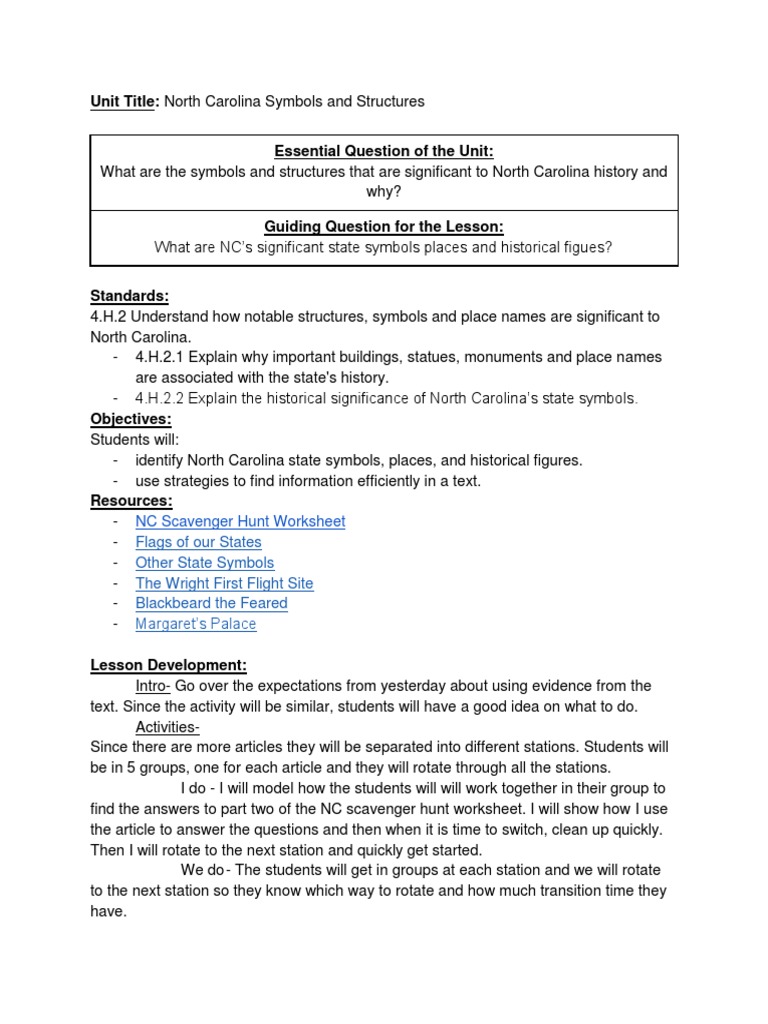 Unit Title: North Carolina Symbols and Structures: NC Scavenger Hunt ...