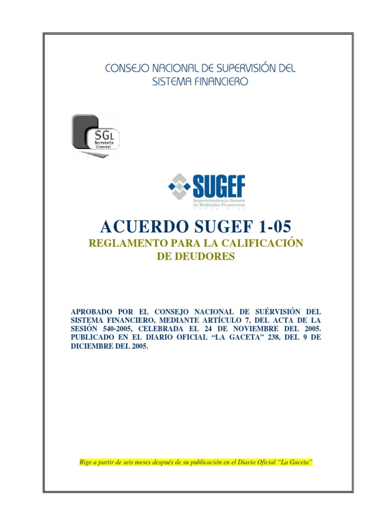 Acuerdo SUGEF 1-05 | PDF | Pagos | Riesgo crediticio