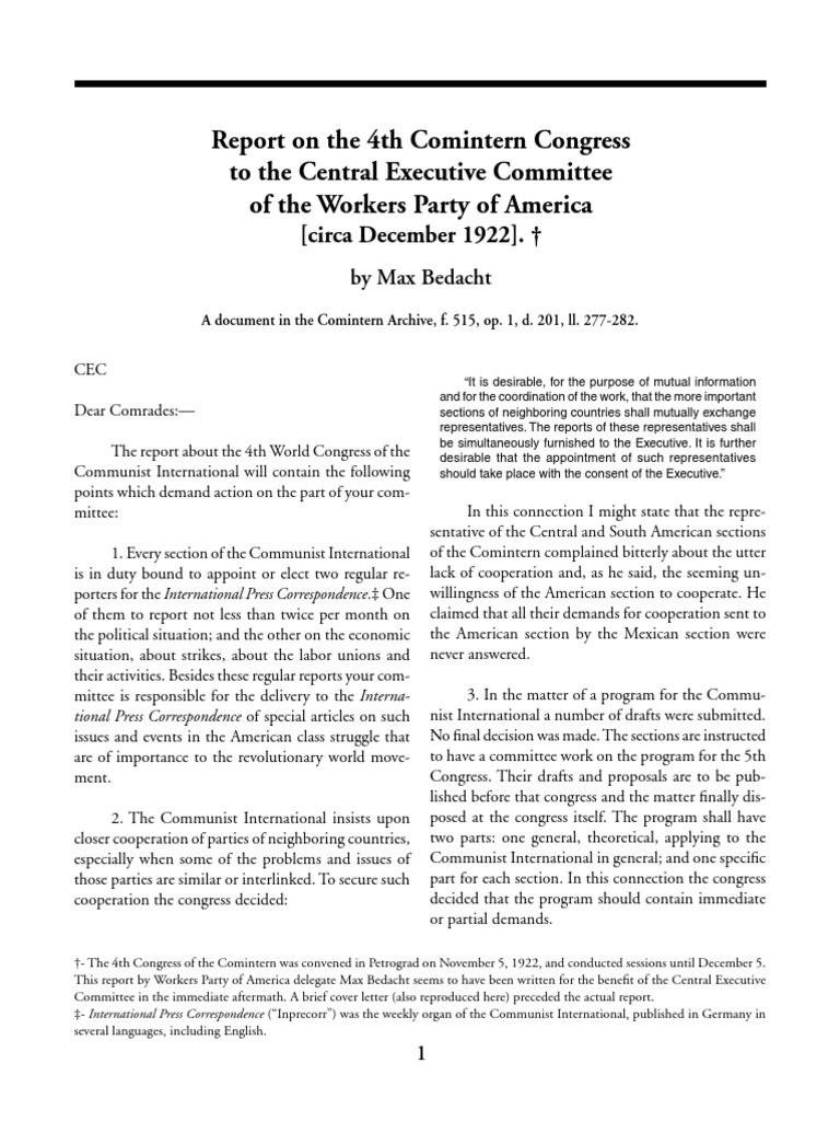 Report On The 4th Comintern Congress To The Central Executive Committee ...