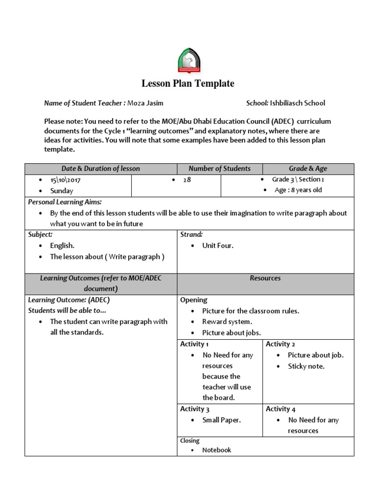 Engilsh Lesson Plan 1 Done | PDF | Classroom | Teachers