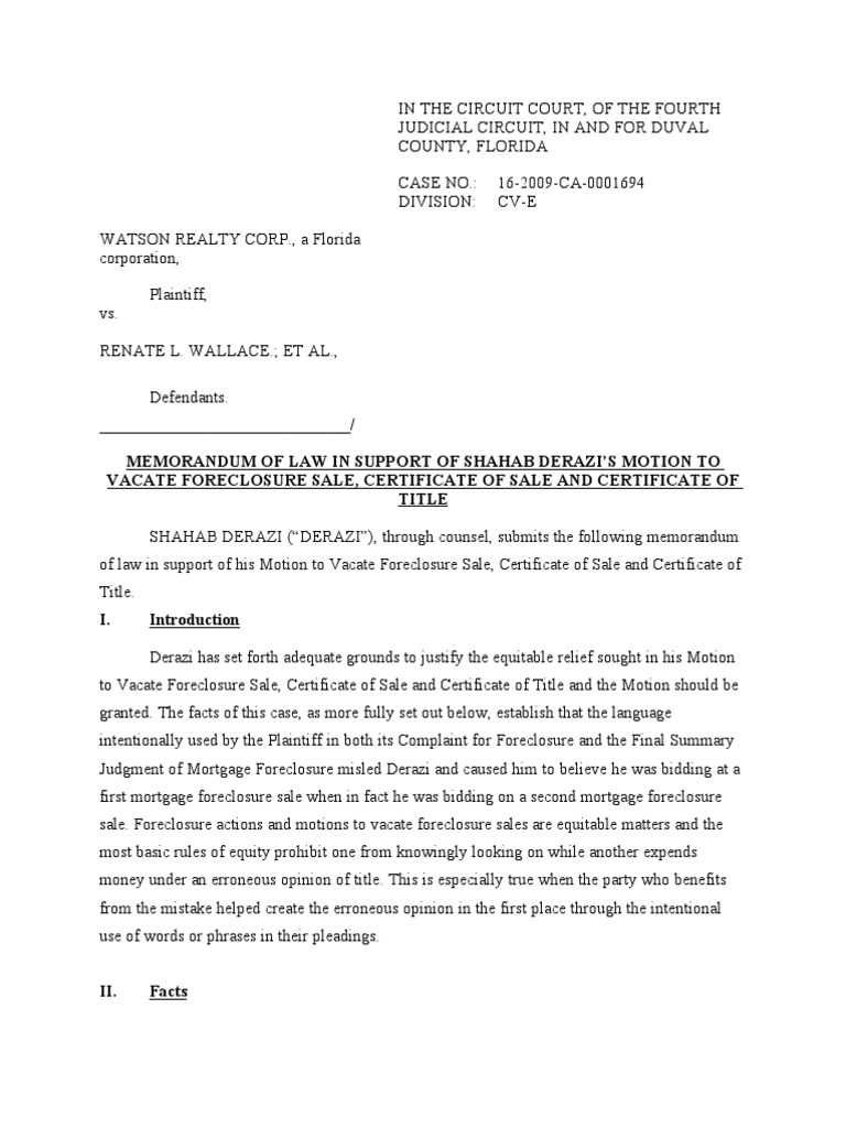 Memo in Support of Motion to Vacate | Foreclosure | Lawsuit