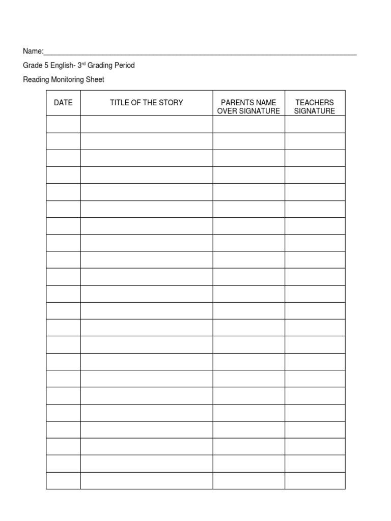 Name: - Grade 5 English-3 Grading Period Reading Monitoring Sheet | PDF